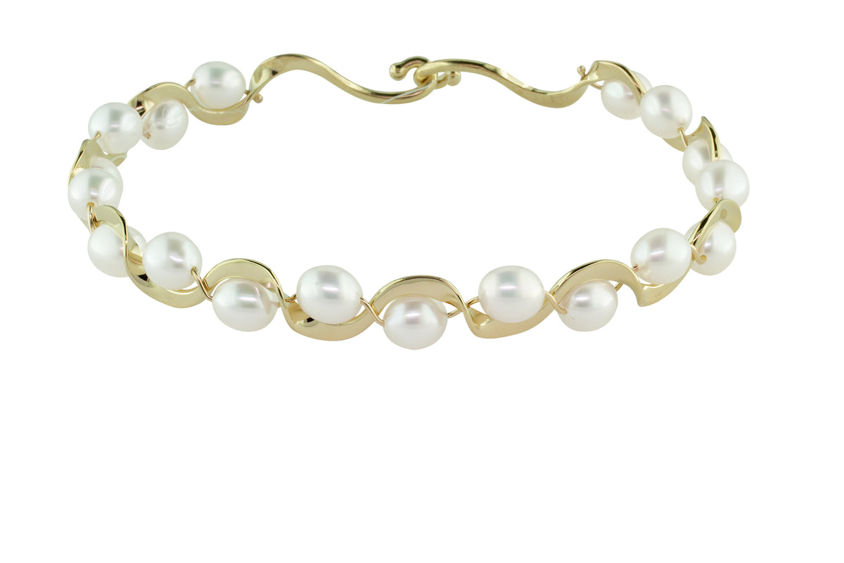 Bracelet - Ruffle Bangle with Freshwater Pearls in 14 Karat Yellow Gol ...