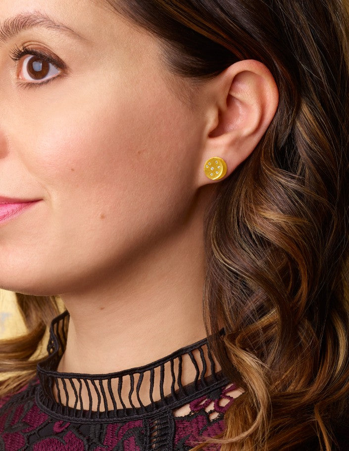 Earrings - Lunar Button with Zirconia in 24 Karat Gold Plated Sterling ...